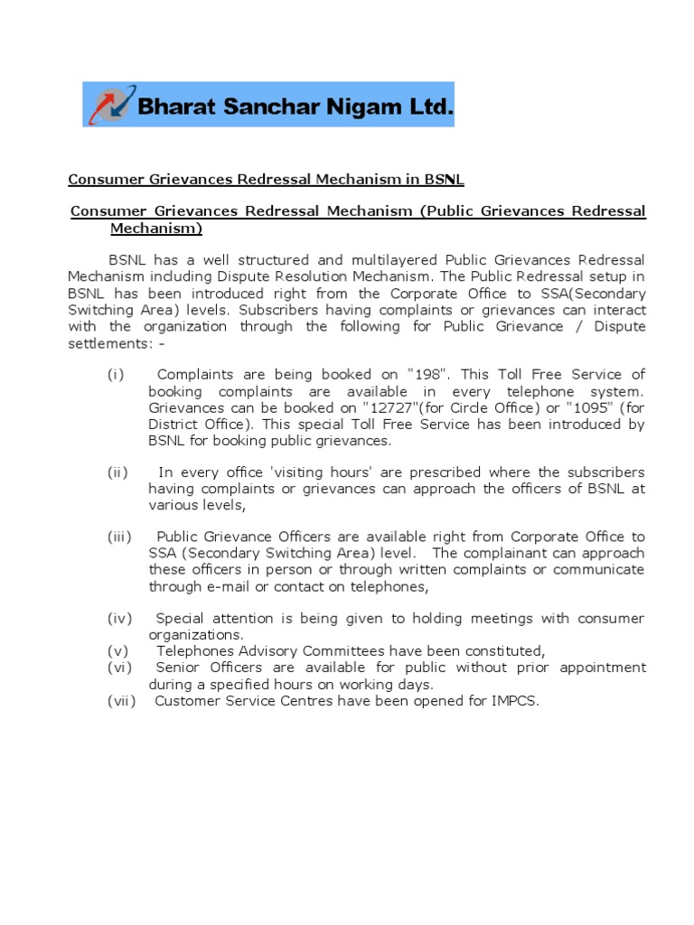 Consumer Grievances Redressal Mechanism in BSNL Consumer Grievances ...