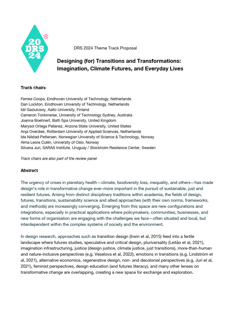 DRS 2024 Track Proposal - Designing (For) Transitions and Transformations | PDF | Natural ...