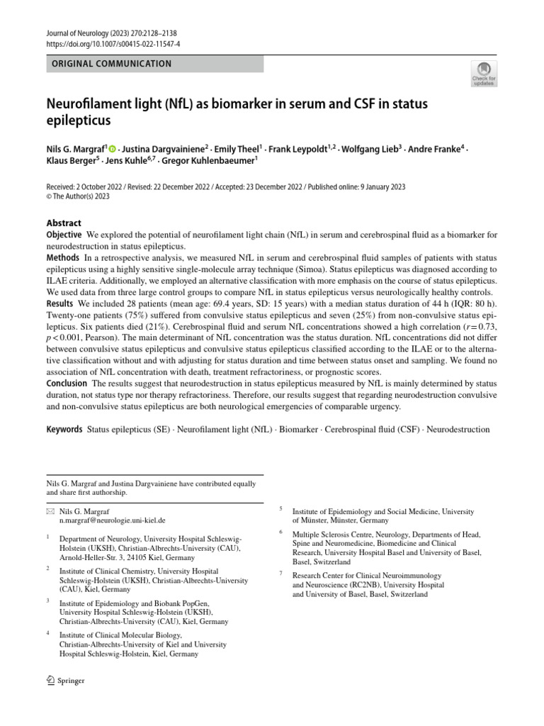 Neurofilament Light (NFL) As Biomarker in Serum and CSF in Status Epilepticus - 2023 | PDF ...