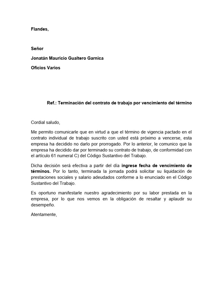 Carta Terminacion Del Contrato Termino Fijo Vencimiento de Terminos | PDF
