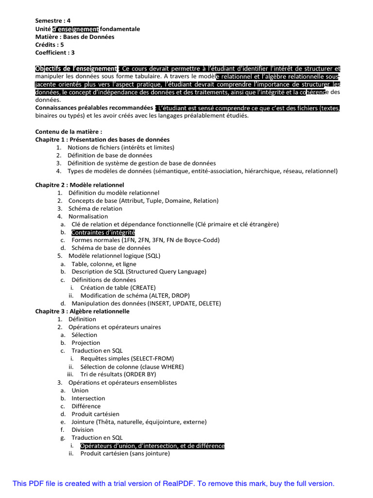 Programme Bases de Donnees | PDF