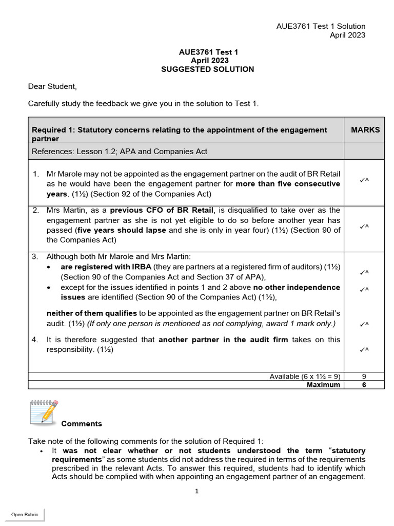 AUE3761 - Y - 2023 - Test - 1 - Solution With Comments For Students ...
