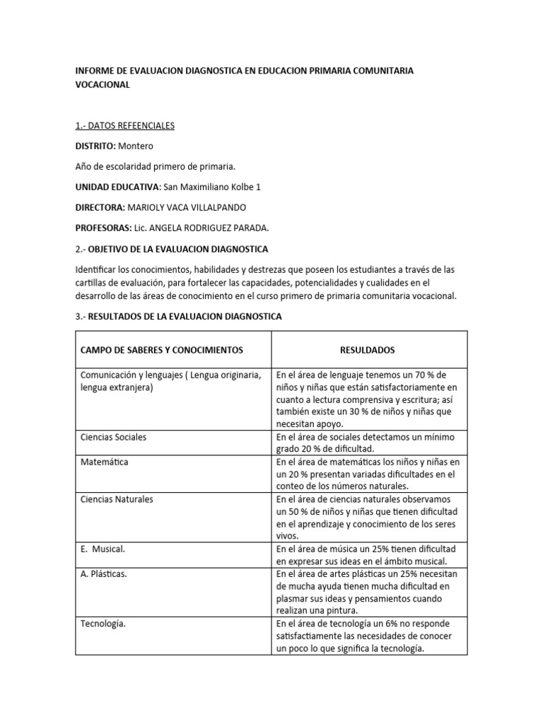 Modelo de INFORME DE EVALUACION DIAGNOSTICA 1ro de Primaria 2023 | PDF | Evaluación | Educación ...