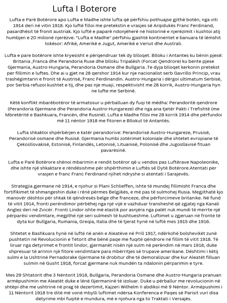 Lufta e Parë Botërore Apo Lufta e Madhe Ishte Lufta Që Përfshiu Pothuajse Gjithë Botën, Nga Viti ...