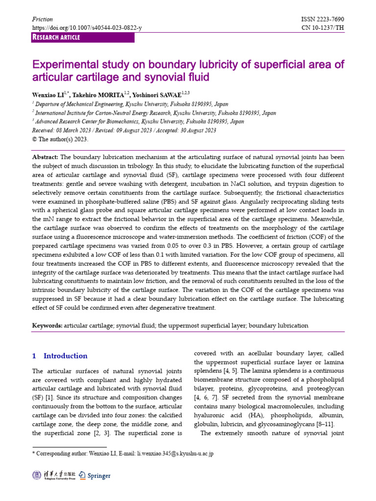 Experimental Study On Boundary Lubricity of Superf | PDF | Friction | Cartilage