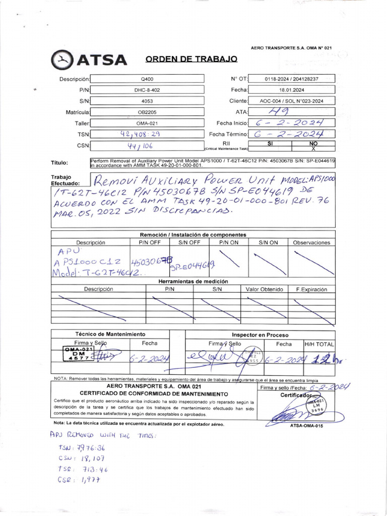 Ot-0118-2024 Ob2205 Removi Auxiliary Power Unit Model Aps1000 - 001 | PDF
