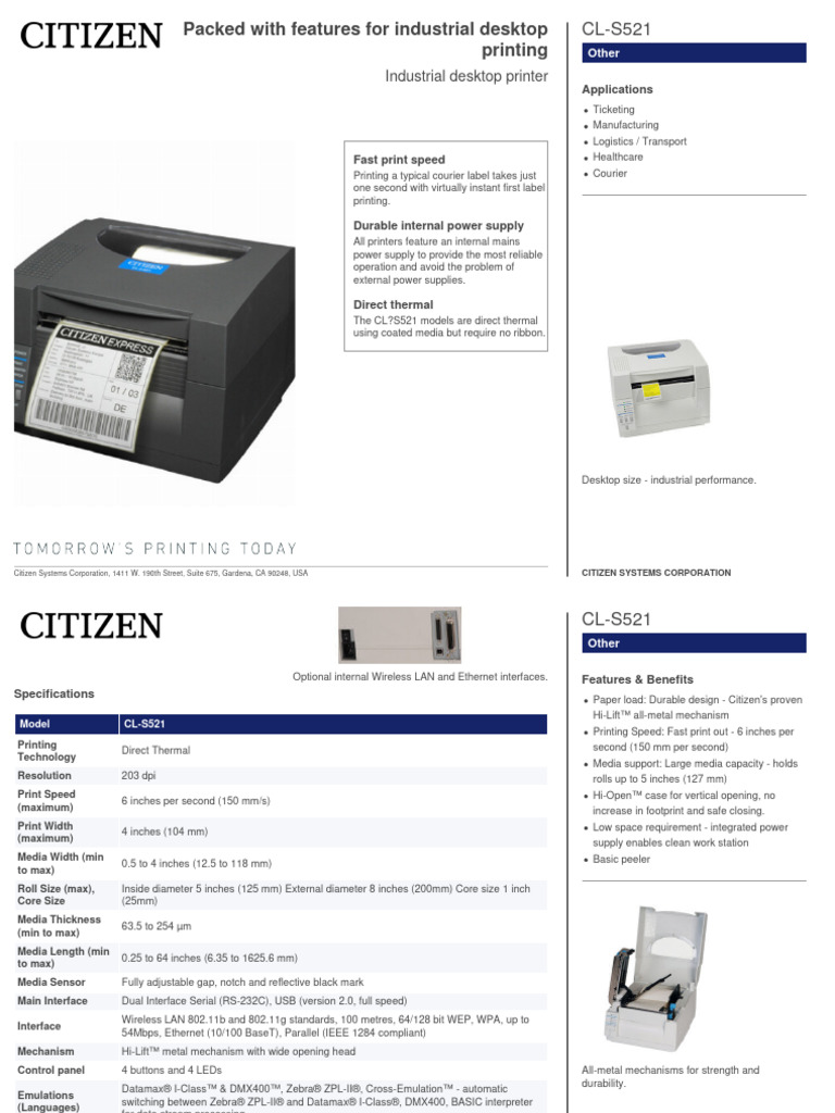 Datasheet CL s521 en Us | PDF | Printer (Computing) | Computing