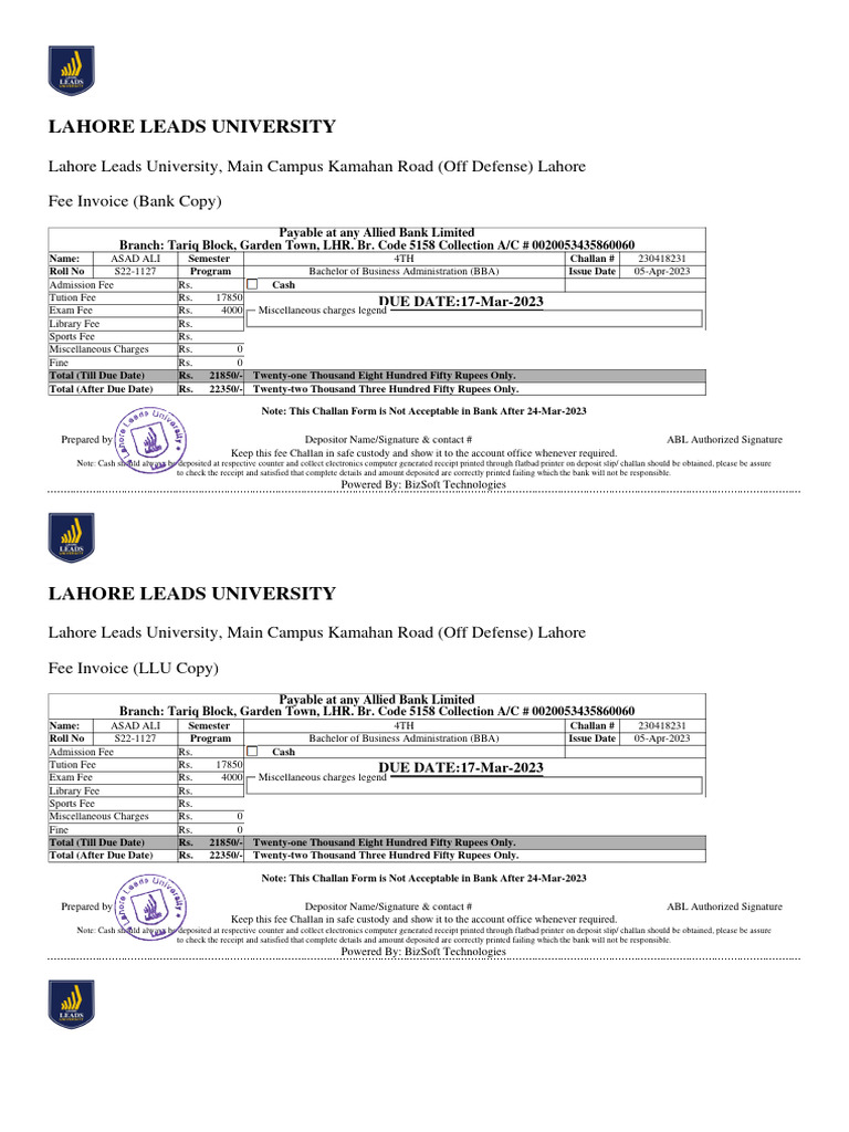 Fee Challan | PDF | Receipt | Banks