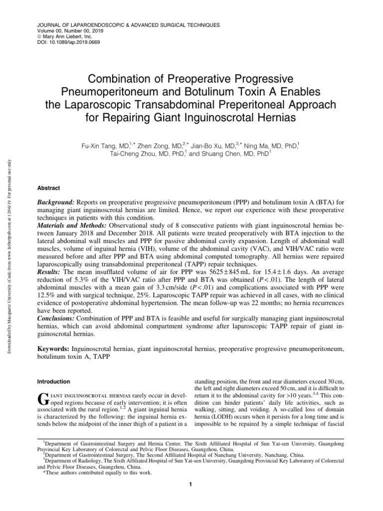 Combination of Preoperative ProgressivePneumoperitoneum and Botulinum ...