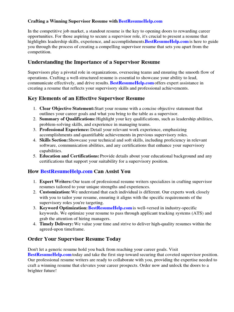 Supervisor Resume | PDF | Résumé | Recruitment
