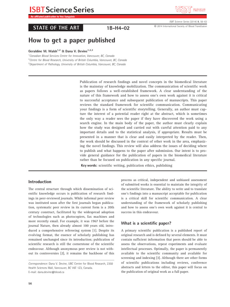 ISBT Science Series - 2014 - Walsh - How To Get A Paper Published | PDF ...