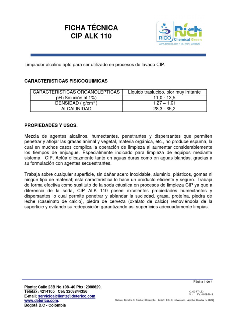 Ficha Técnica CIP ALK 110 | Descargar gratis PDF | Agua | Hidróxido de sodio