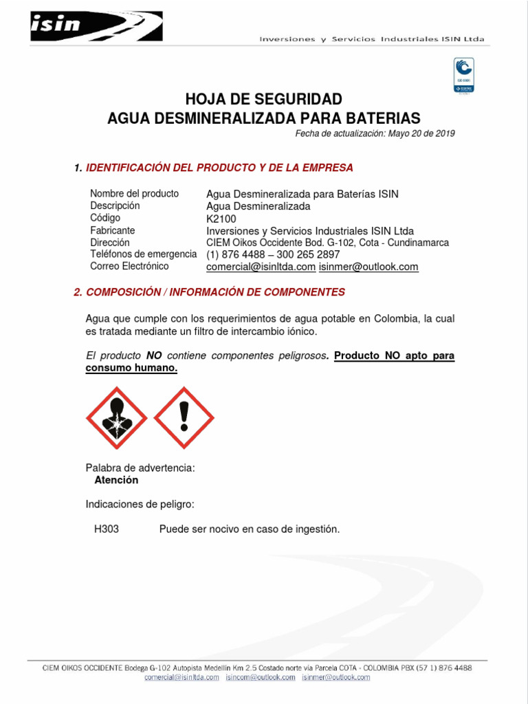 Hoja de Seguridad - K2100 - Agua Desmineralizada ISIN | Descargar gratis PDF | Agua | Compuesto ...