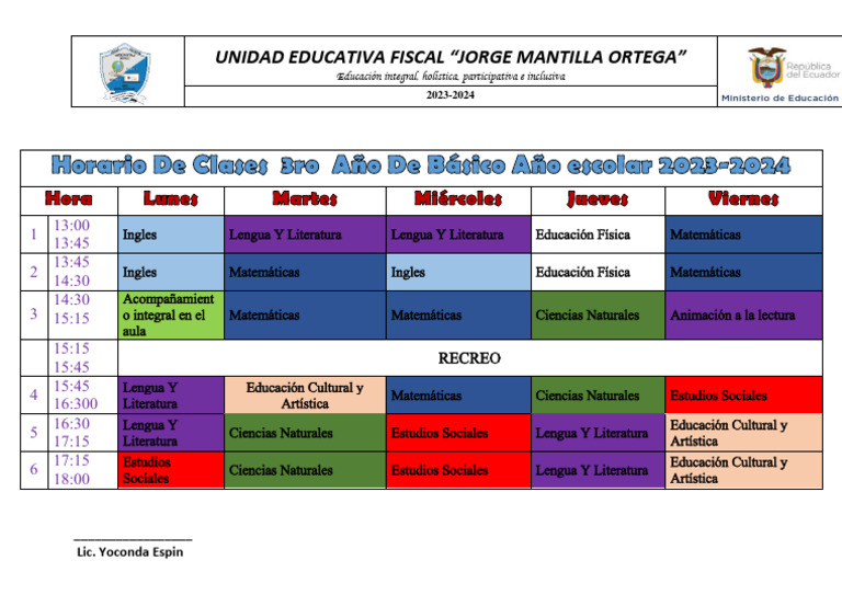 Horario de Clases Tercero Vespertina 2023-2024 | PDF