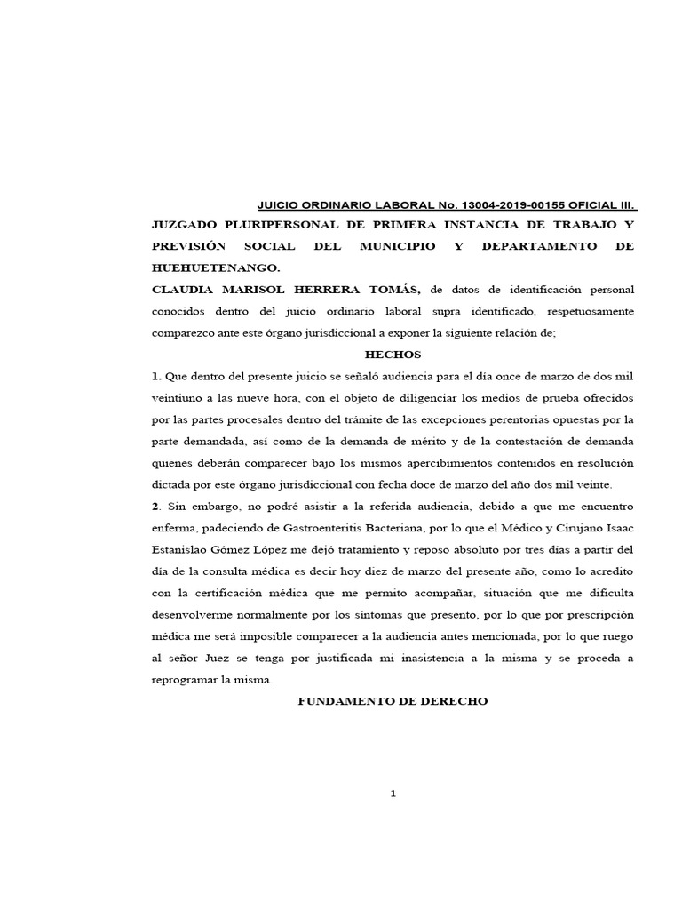 Memorial de Excusa Ordinario Laboral Claudia Marisol | PDF | Gobierno ...