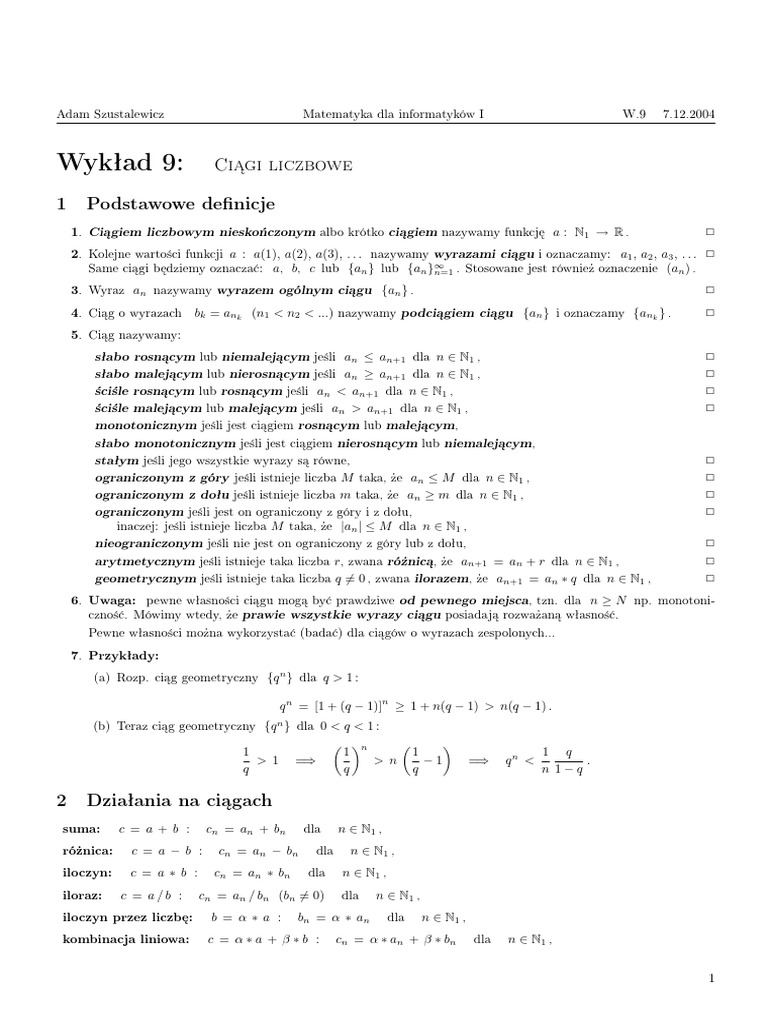 Wykład 9:: Ciągi Liczbowe 1 Podstawowe Definicje | PDF