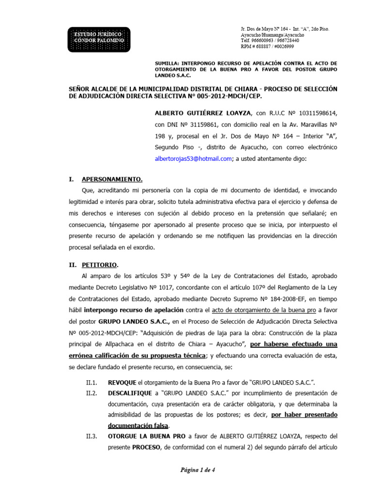 Recurso de Apelación Contra El Acto de Otorgamiento de La Buena Pro ... Recurso de Apelación Contra El Acto de Otorgamiento de La Buena Pro ...