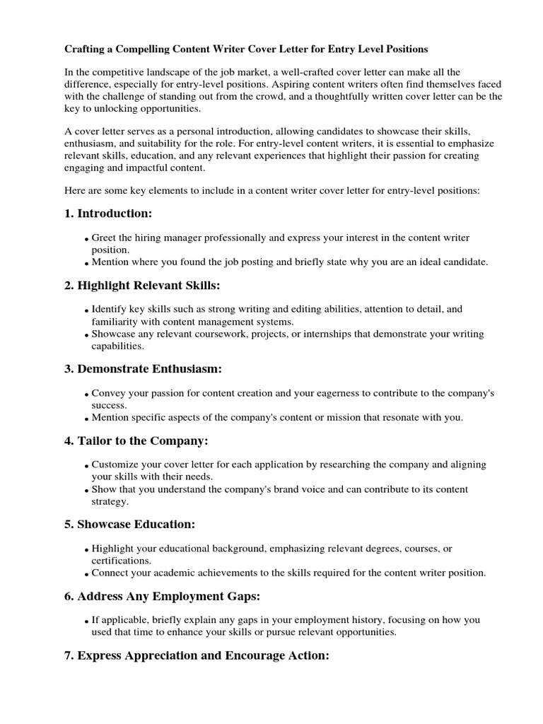 Entry-Level Content Writer Cover Letter Guide | PDF | Résumé | Writers