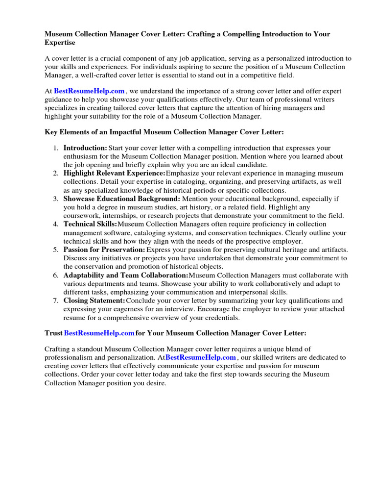 Museum Collection Manager Cover Letter | PDF | Museum | Expert