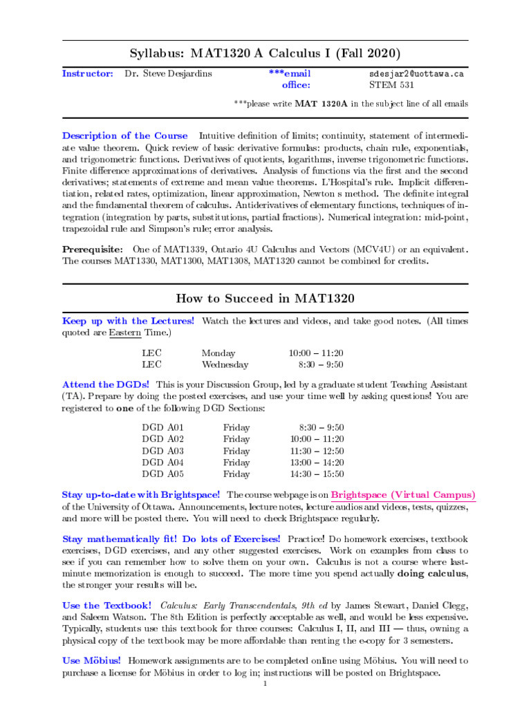 MAT 1320 Syllabus Fall 2020 | PDF | Integral | Function (Mathematics)