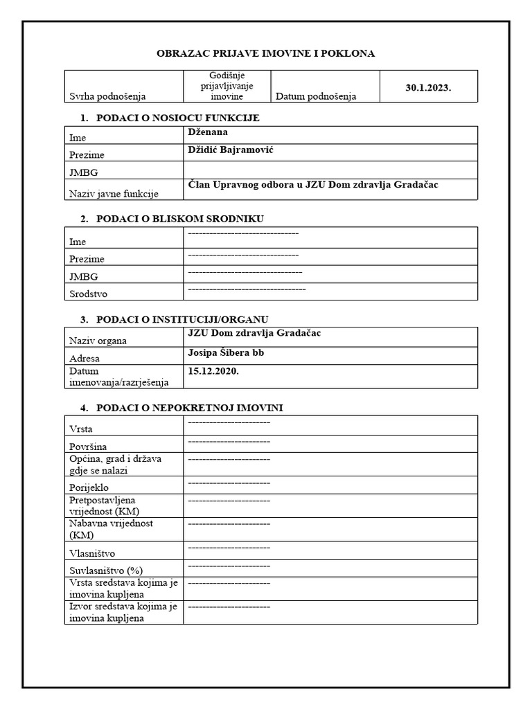 Obrazac_prijave_imovine_i_poklona Dženana | PDF