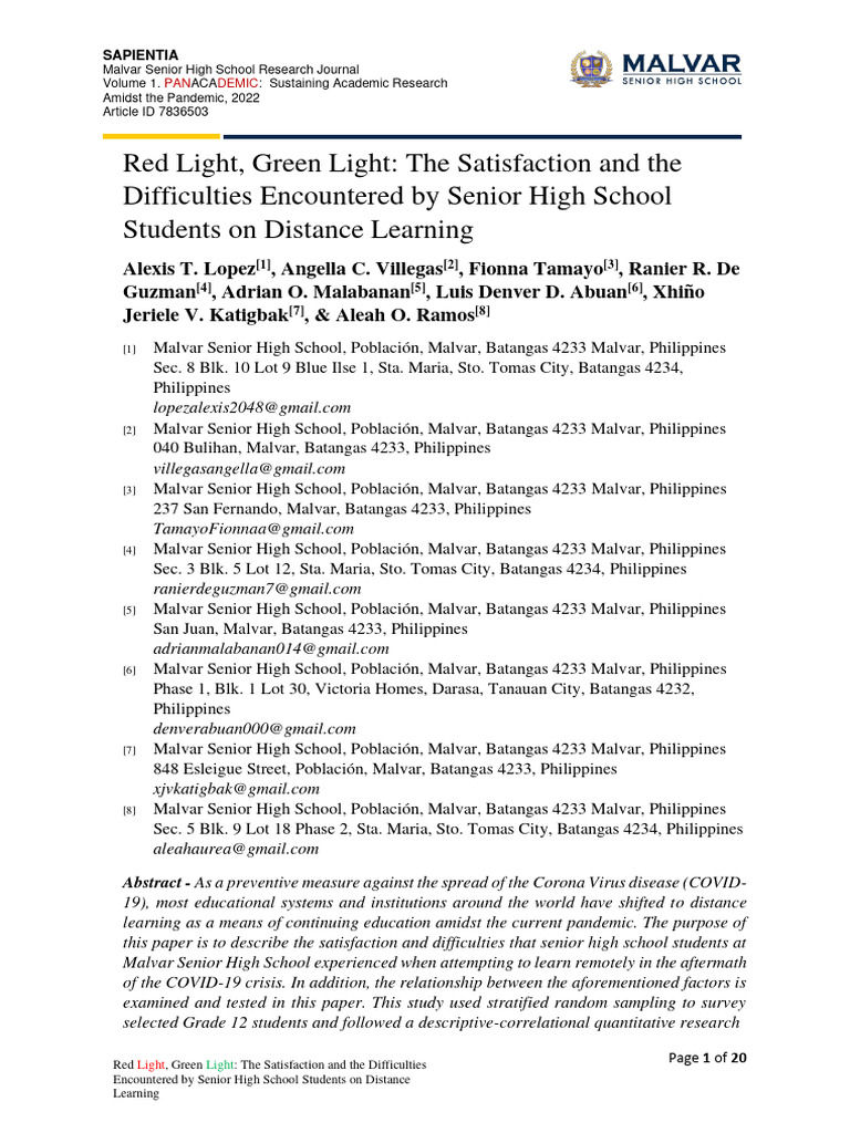 Red Light, Green Light: The Satisfaction and the Difficulties Encountered by Senior High School ...