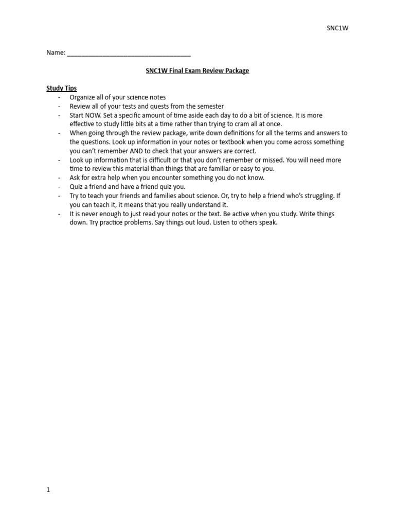 SNC1W Final Exam Review Guide | PDF | Chemistry | Series And Parallel ...