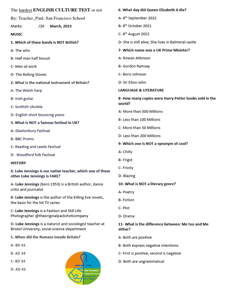 The Hardest ENGLISH CULTURE TEST or Not | PDF