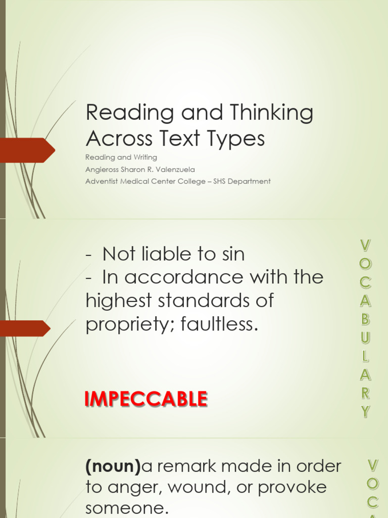 Prelim1 - Reading and Thinking Across Text Types | PDF | Brainstorming | Cognitive Science