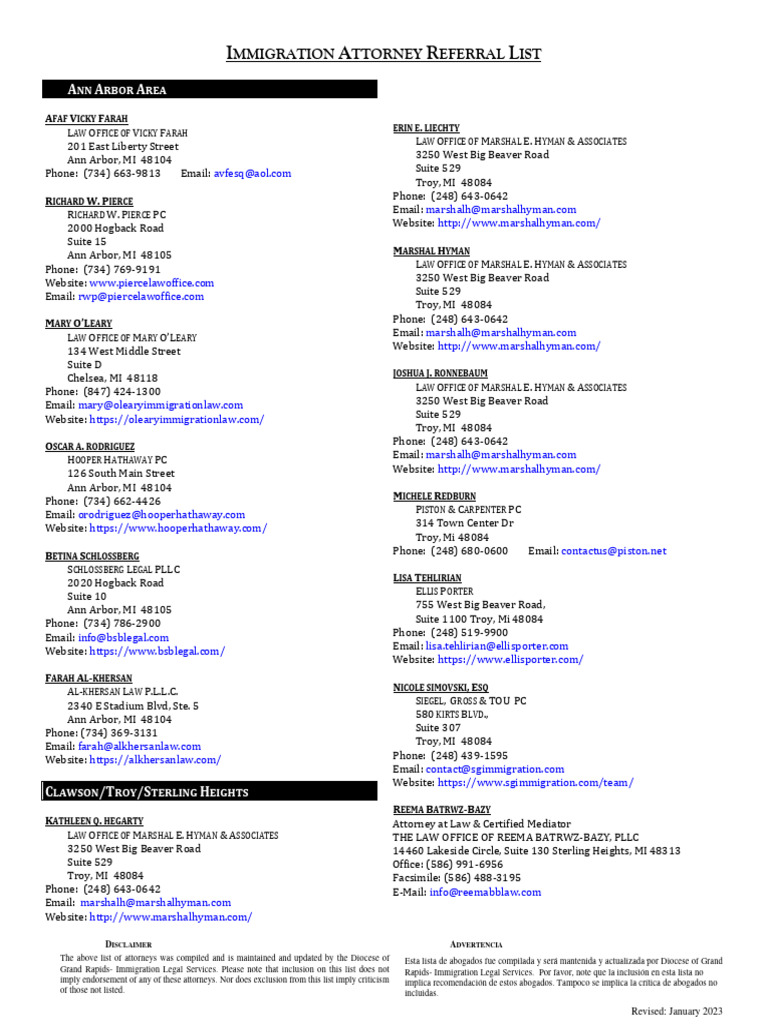 Michigan Immigration Lawyer List | PDF | Michigan