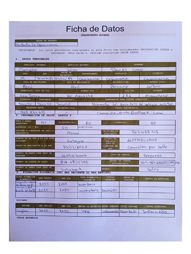 FICHA DE DATOS DANIEL | PDF