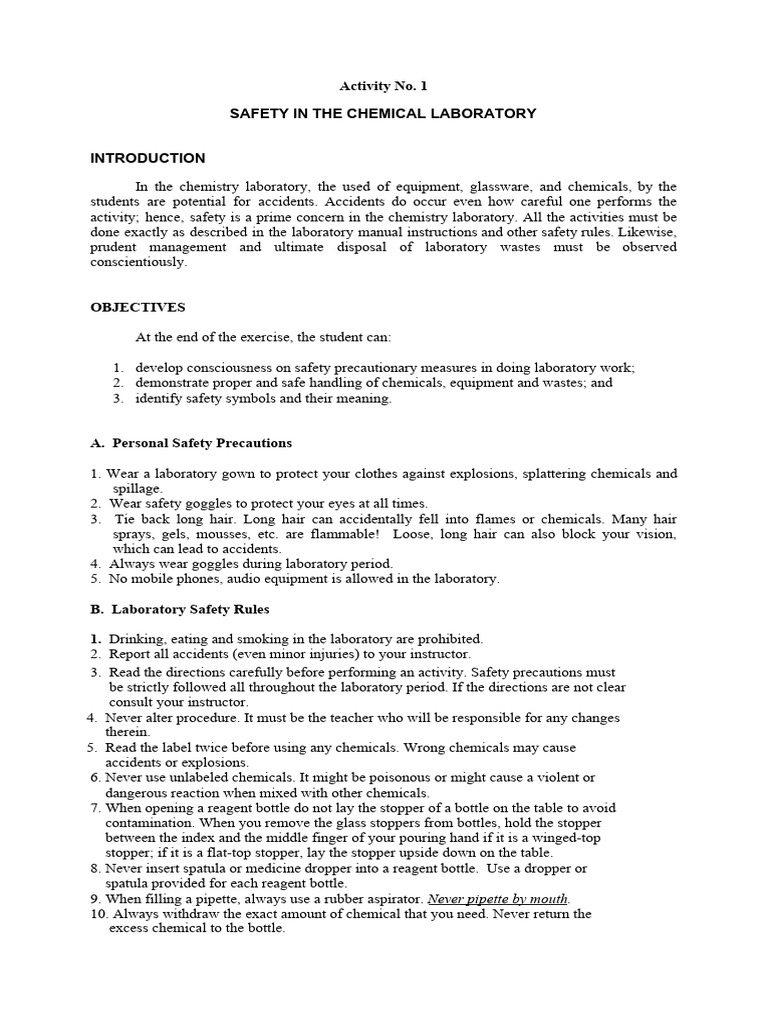 Activity No 1 SAFETY IN THE LABORATORY | PDF | Waste | Sodium Bicarbonate