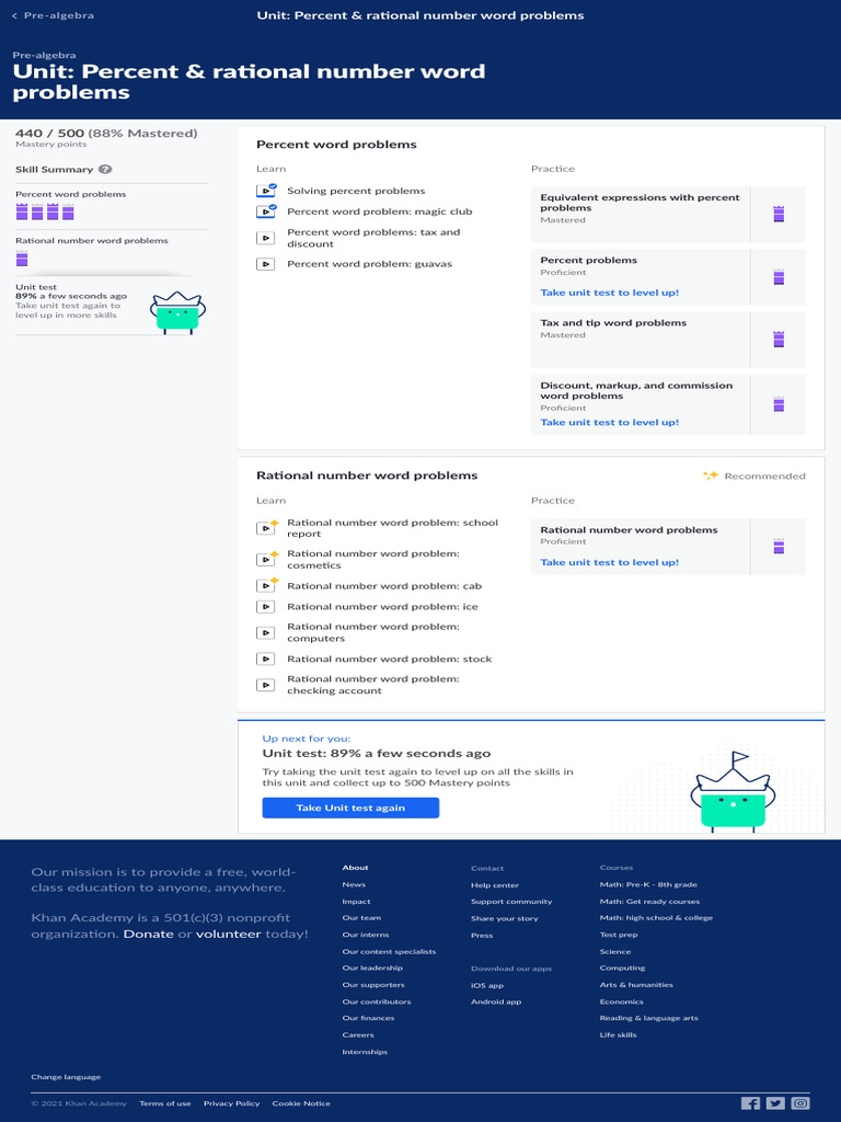 Percent & Rational Number Word Problems Pre-Algebra Math Khan Academy | PDF