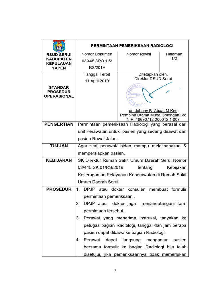 1.5 Spo Permintaan Pemeriksaan Radiologi Rsud Serui | PDF