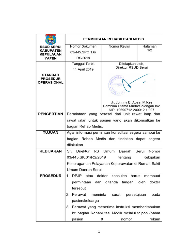 1.6 Spo Permintaan Rehabilitasi Medis Rsud Serui | PDF | Kesehatan Holistik | Sains & Matematika