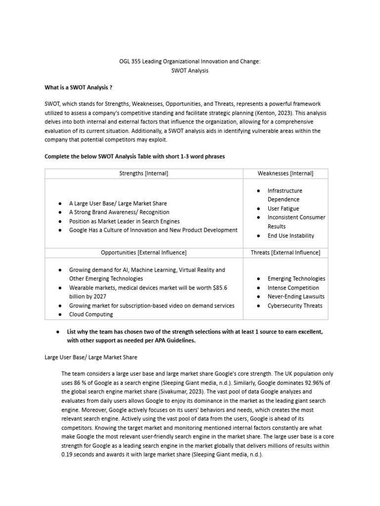 Swot Analysis - Ogl 355 Leading Organizational Innovation and Change ...