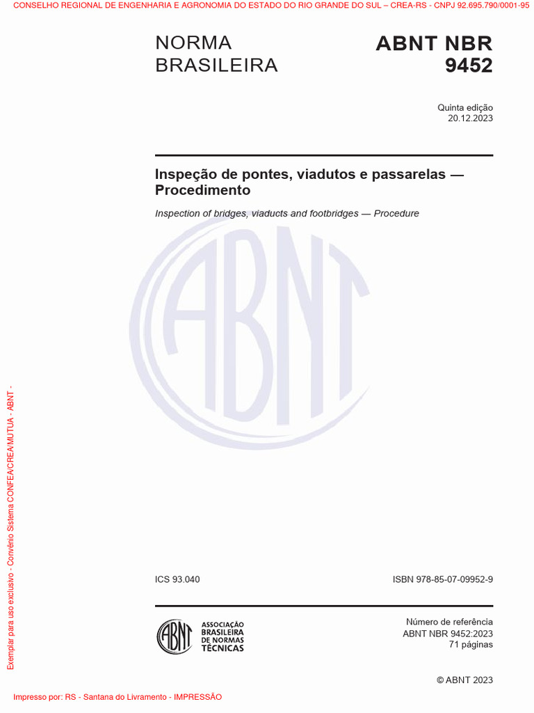 Abnt NBR 9452 2023 | Download grátis PDF | Ponte | Engenharia Abnt NBR 9452 2023 | Download grátis PDF | Ponte | Engenharia