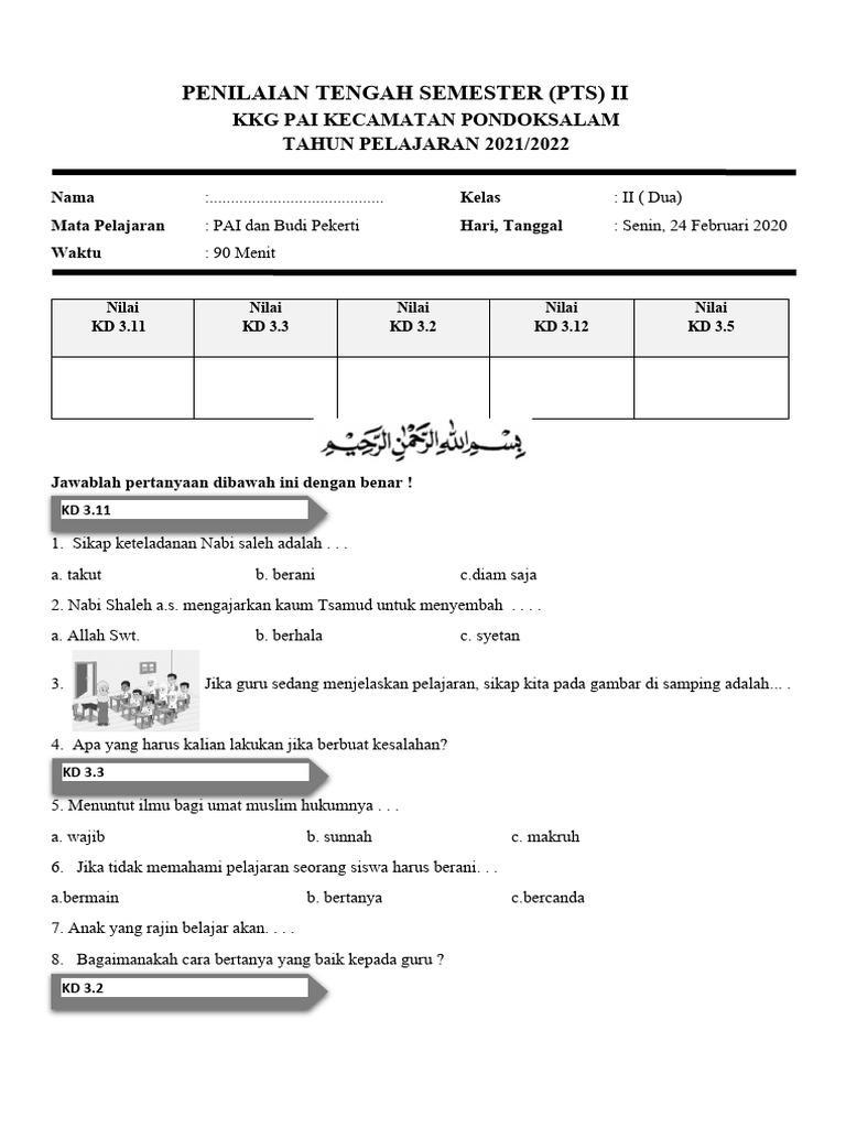 Soal PTS 2 PAI Kelas 2 K13 | PDF | Agama & Spiritualitas