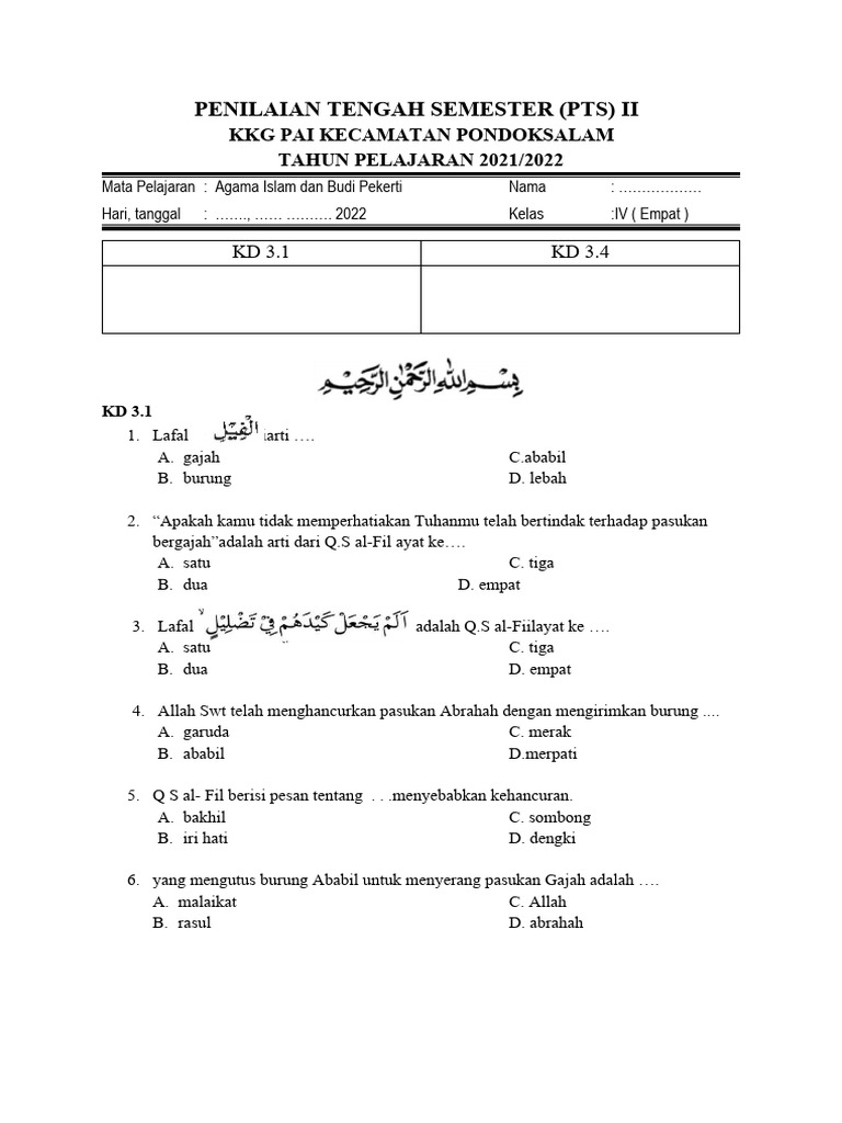 Soal PTS 2 PAI Kelas 4 K13 | PDF