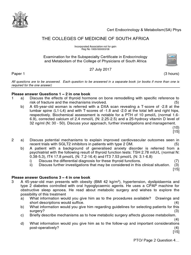 Cert Endocrinology and Metabolism (SA) Phys Past Papers - 2017 2nd Semester 6 6 2023 | PDF ...