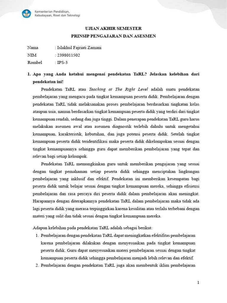 Uas Prinsip Pengajaran Dan Asesmen I | PDF