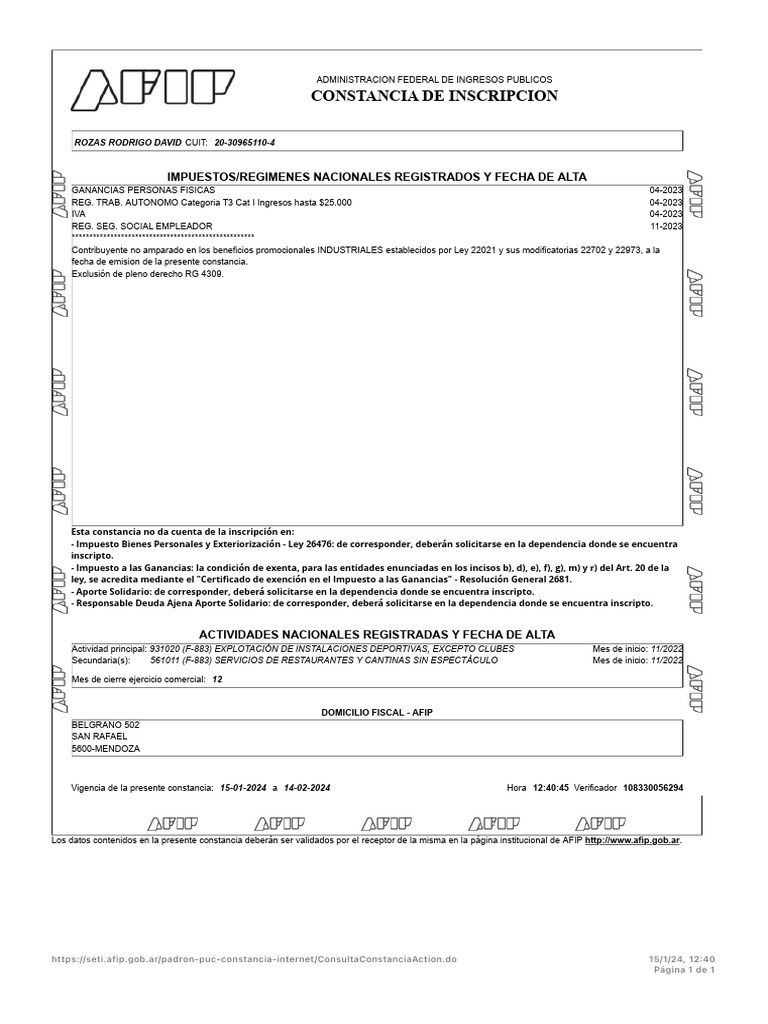 Constancia de Inscripción AFIP | PDF | Gobierno