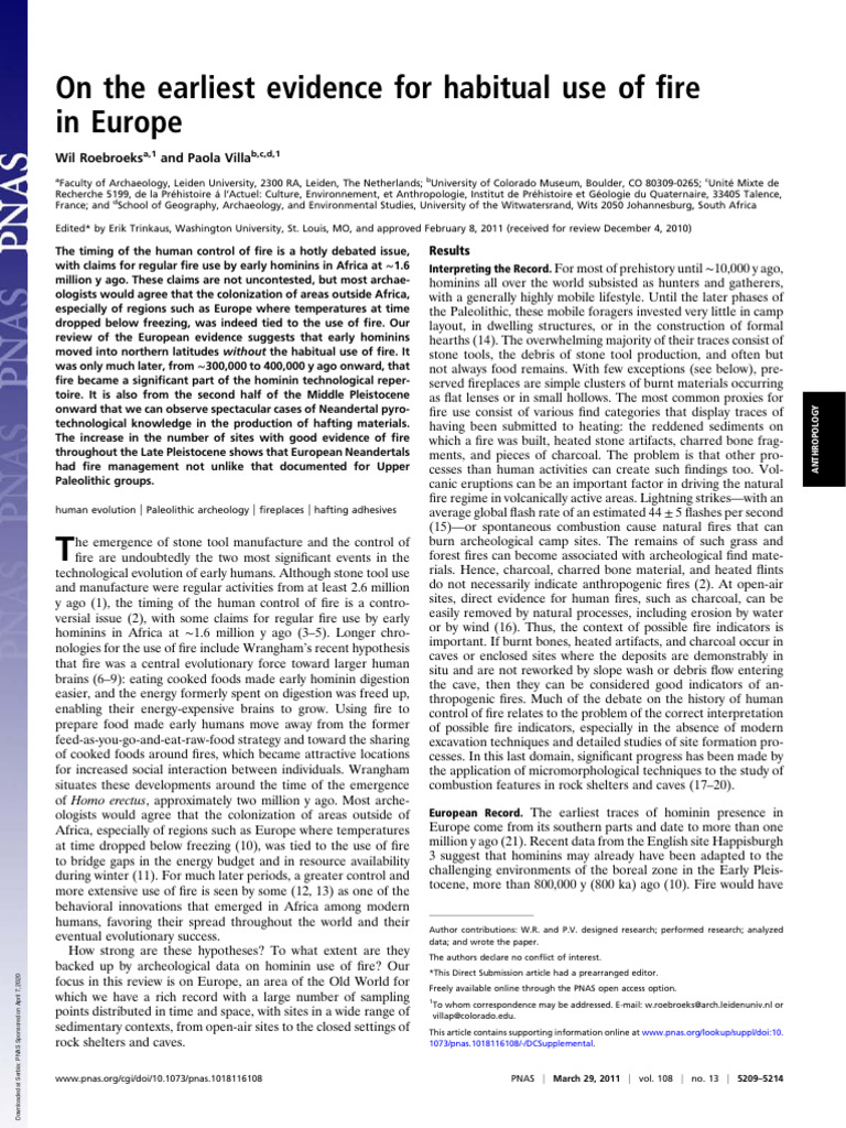 2011 On The Earliest Evidence For Habitual Use of Fire in Europe | PDF ...