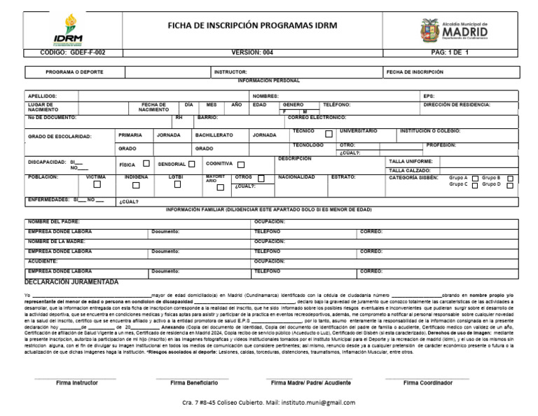 9734 - Formulario Inscripcion Idrm 2024 | PDF