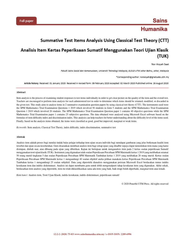 Summative Test Items Analysis Pdf Evaluation Methods Methodology