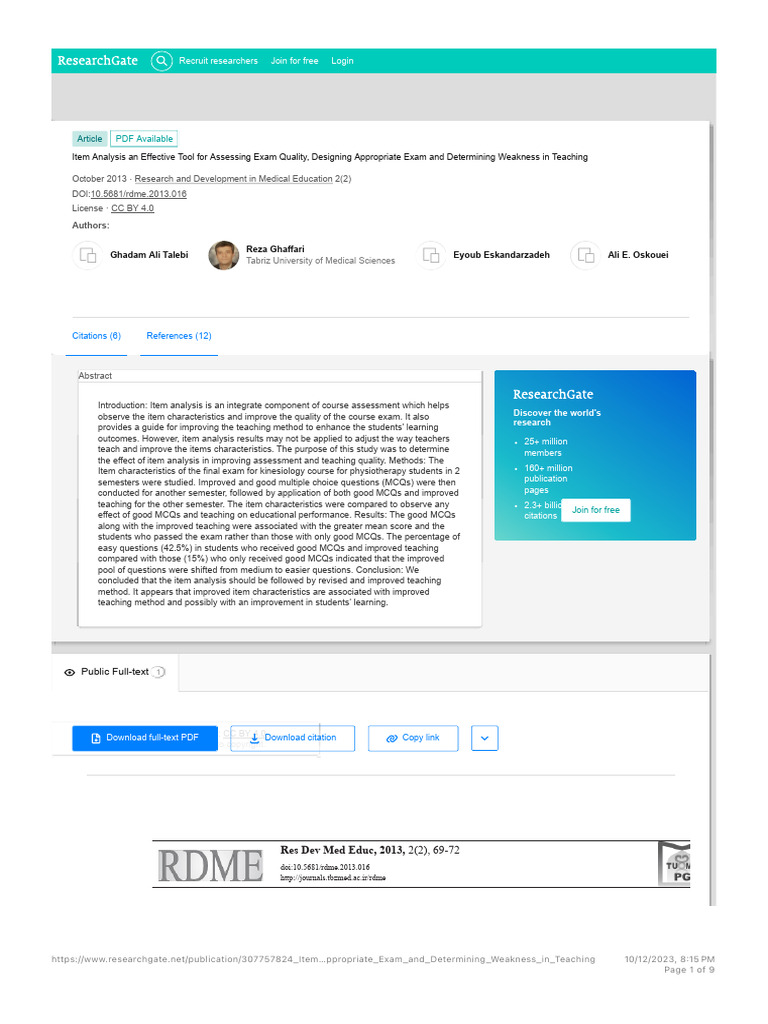 (PDF) Item Analysis An Effective Tool For Assessing Exam Quality ...