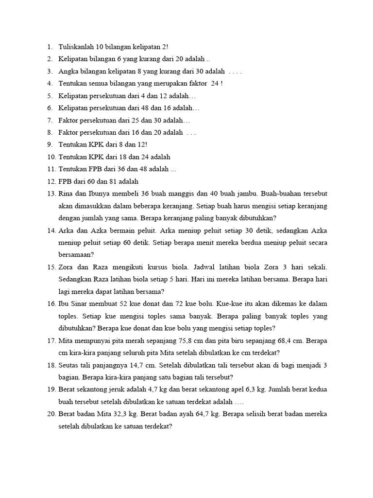 Soal Soal Matematika Kelas 4 Part 1 Pdf