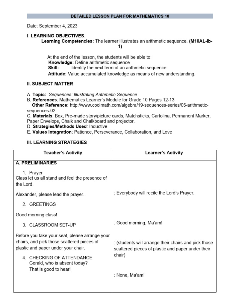 Arithmetic Sequence Lesson Plan | PDF | Learning | Lesson Plan