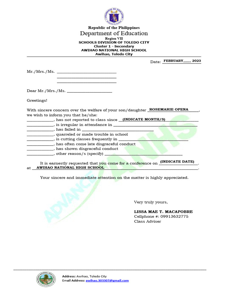 Call Parent Letter | PDF Call Parent Letter | PDF