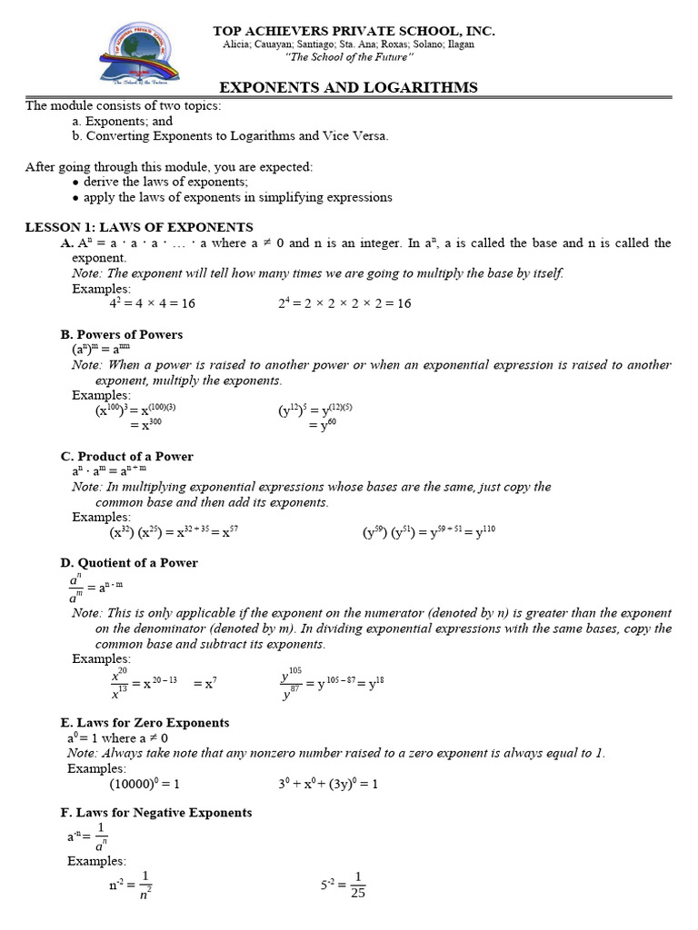 Exponents And Logarithms Pdf Logarithm Exponentiation
